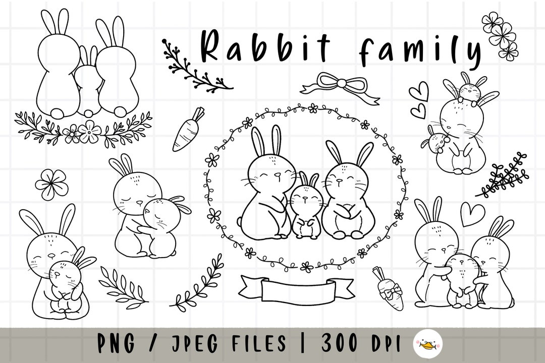 Family of Rabbit Clipart, Cute Bunny, Dad Mom, Woodland Animal, Outline ...