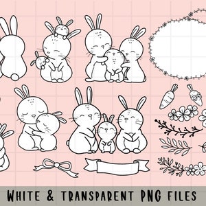 Family of Rabbit Clipart, Cute Bunny, Dad Mom, Woodland Animal, Outline ...