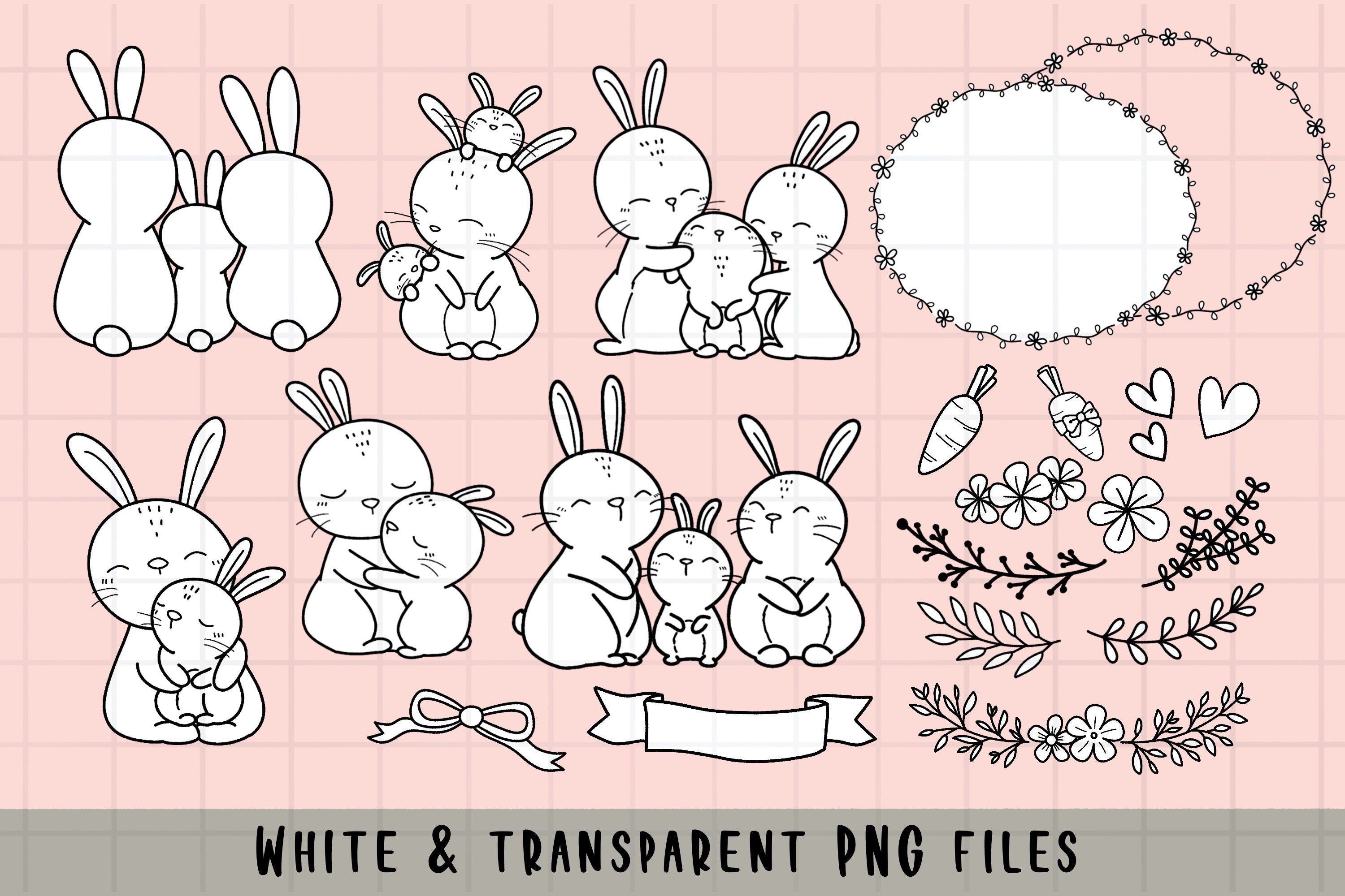 Family of Rabbit Clipart, Cute Bunny, Dad Mom, Woodland Animal, Outline ...