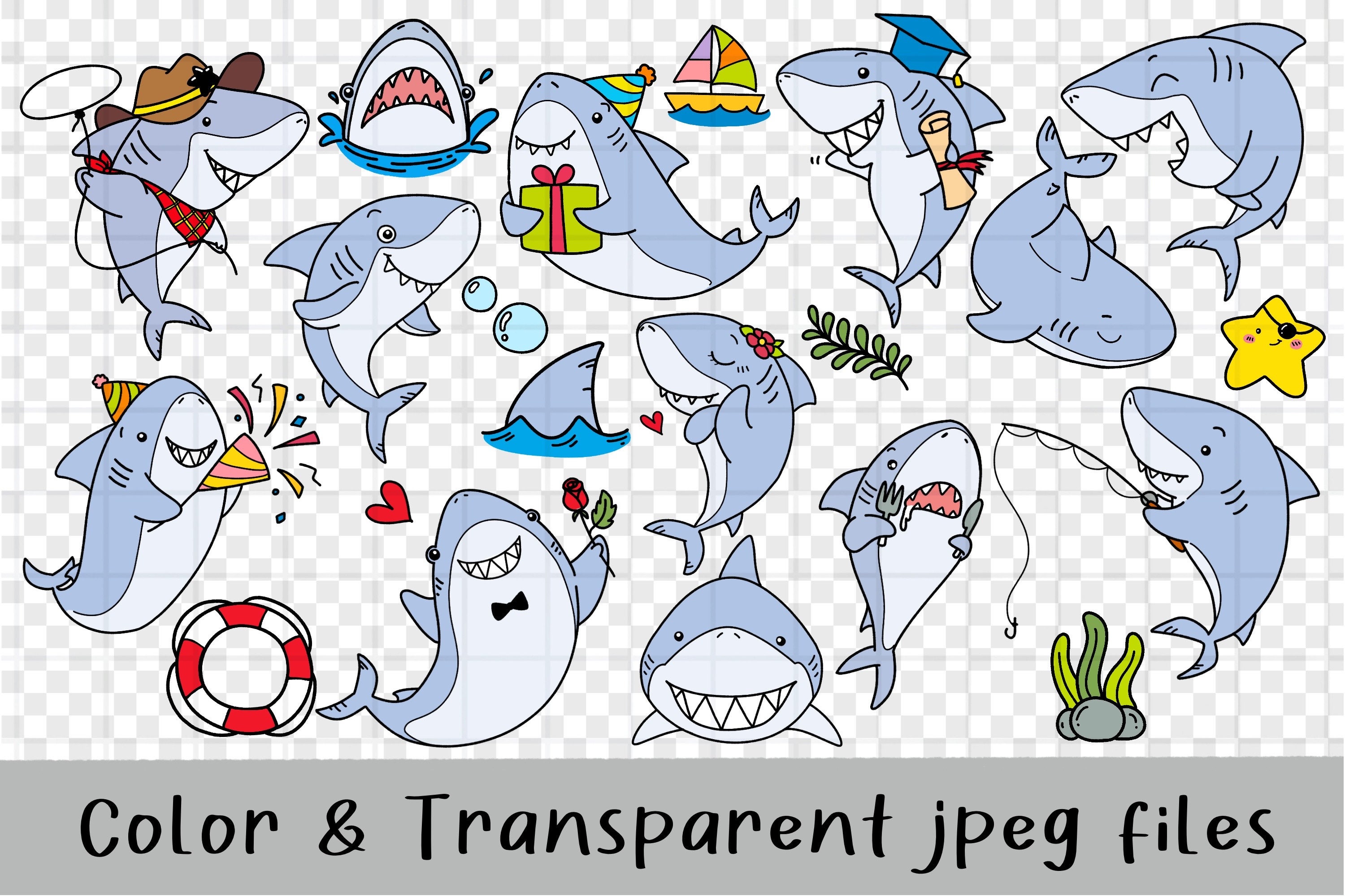 Cute Shark Clipart, Jaw Clipart, Doodle Shark, Sea Animal Life, Outline ...