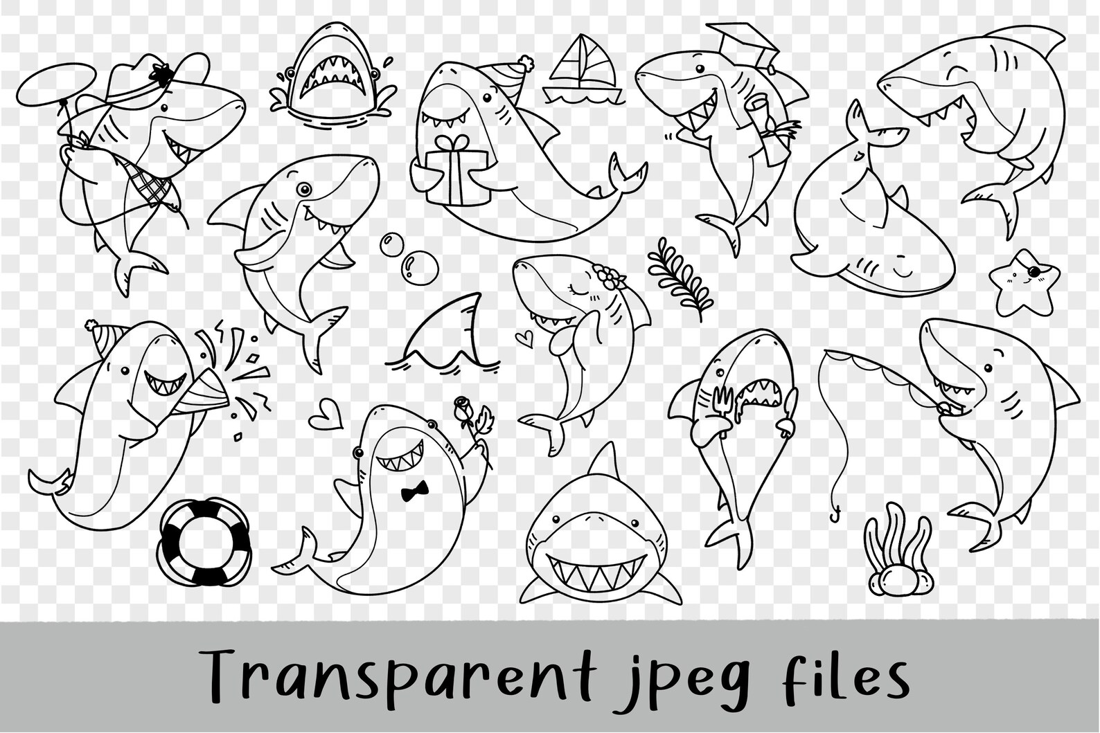 Cute Shark Clipart, Jaw Clipart, Doodle Shark, Sea Animal Life, Outline ...