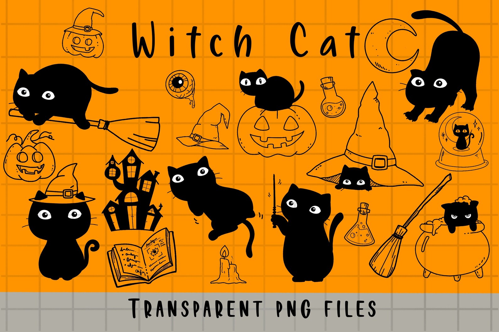Witch Cat Clipart, Halloween Clipart, Pumpkin Png, Horror Kitty ...