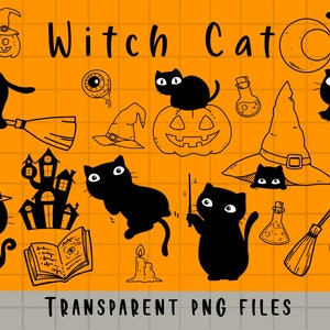 Witch Cat Clipart, Halloween Clipart, Pumpkin Png, Horror Kitty ...
