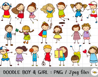 Doodle Boy and Girl Clipart,stick Figure Clipart,friend Clipart,outline ...