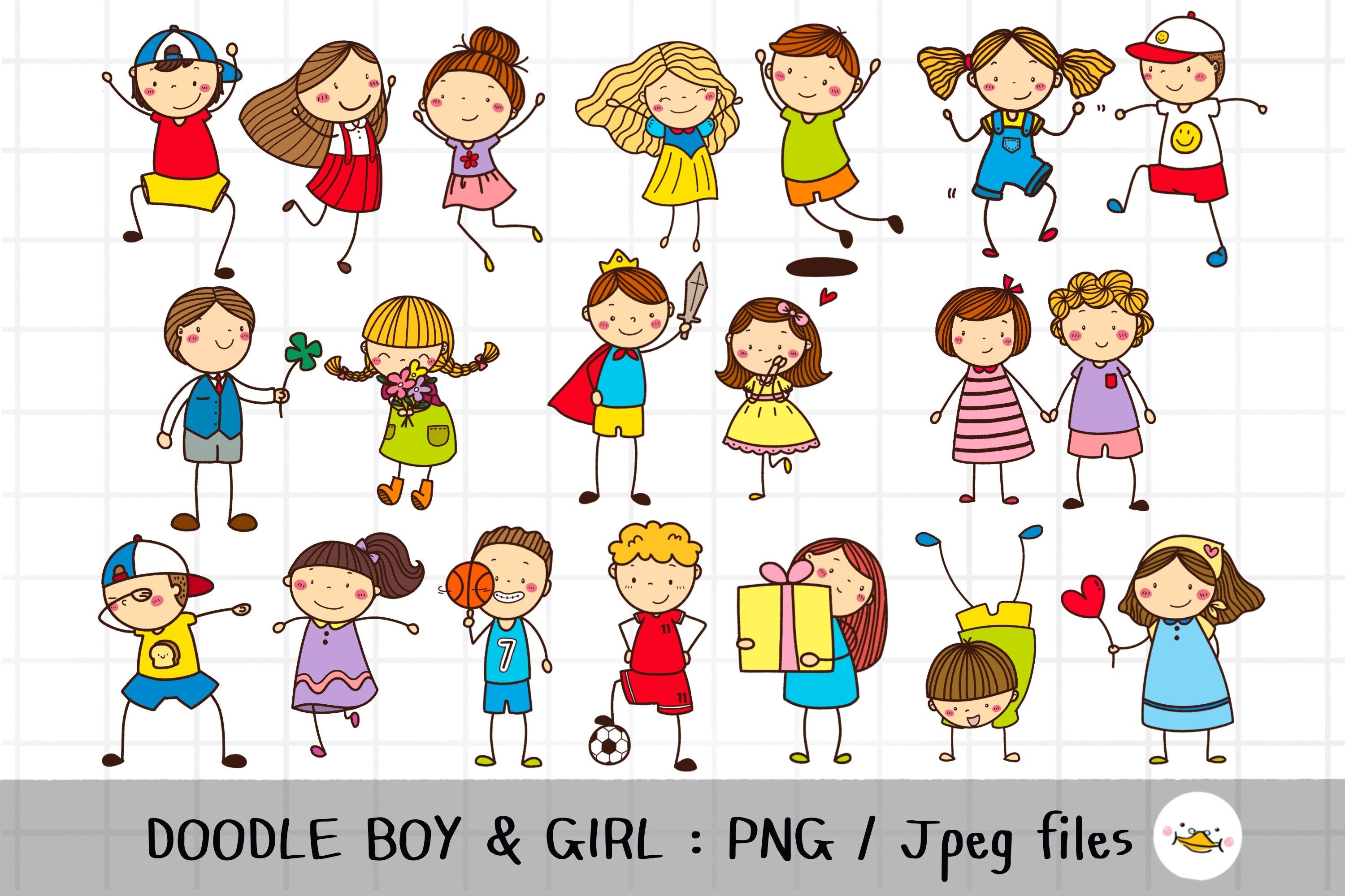 Doodle Boy and Girl Clipart,stick Figure Clipart,friend Clipart,outline ...