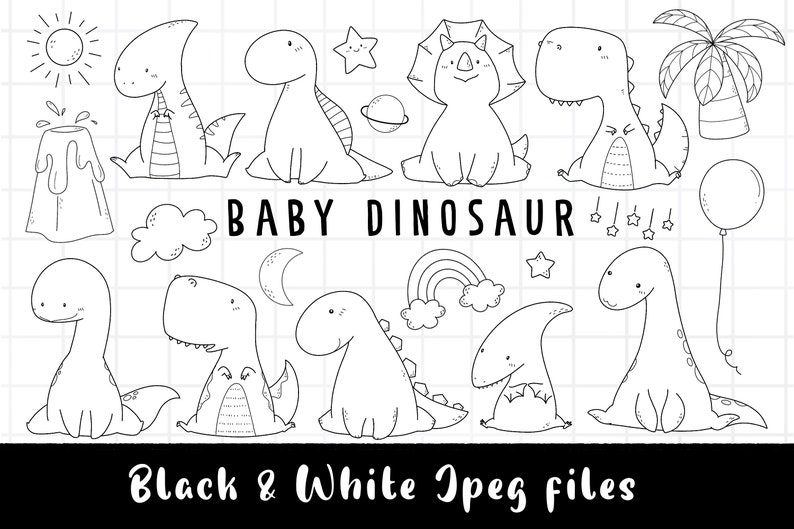 Baby Dinosaur Clipart, Dinosaur Nursery Art, Outline Doodle, PNG ...