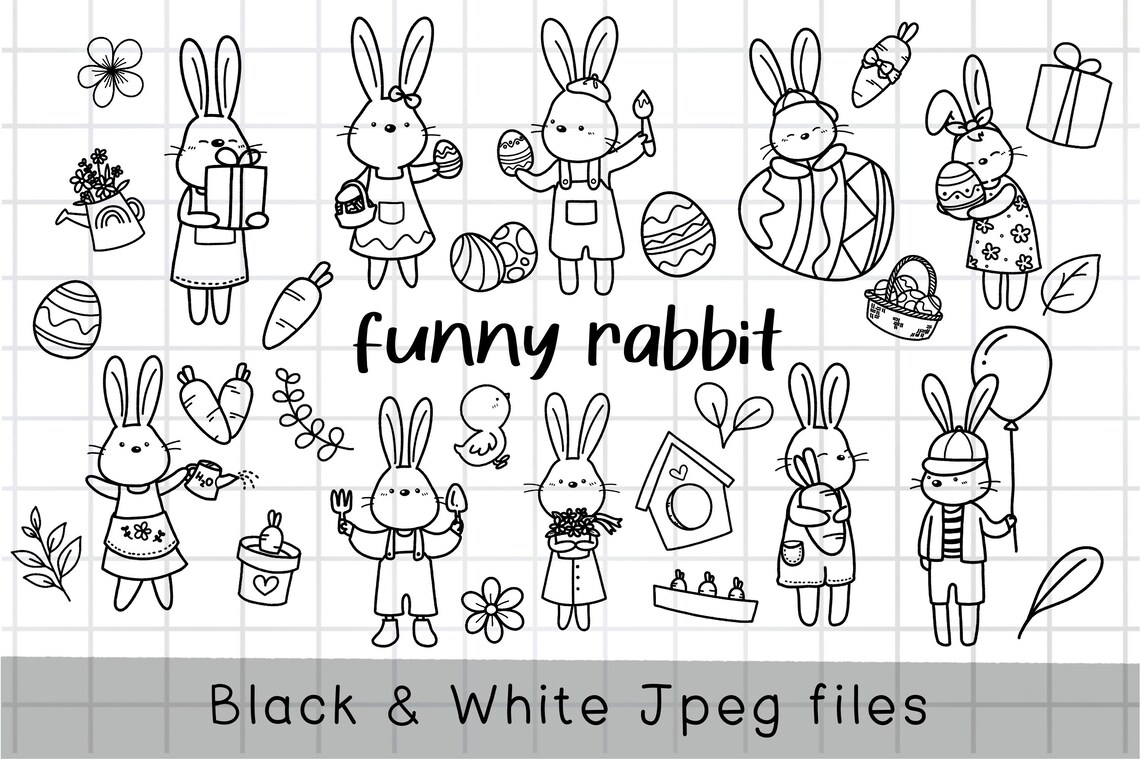 Funny Rabbit Clipart, Easter Rabbit Clipart, Spring Clipart, Outline ...