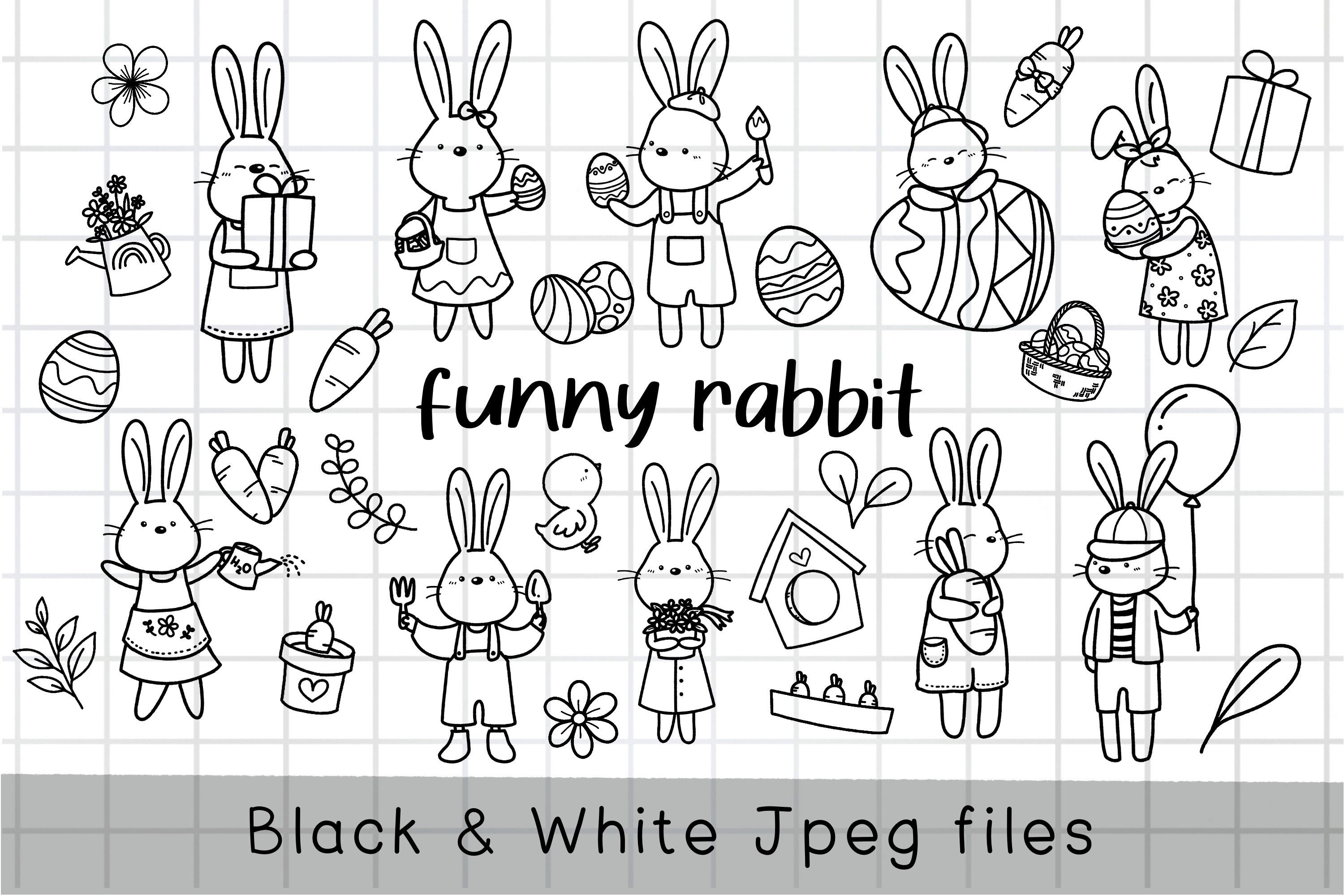 Funny Rabbit Clipart, Easter Rabbit Clipart, Spring Clipart, Outline ...