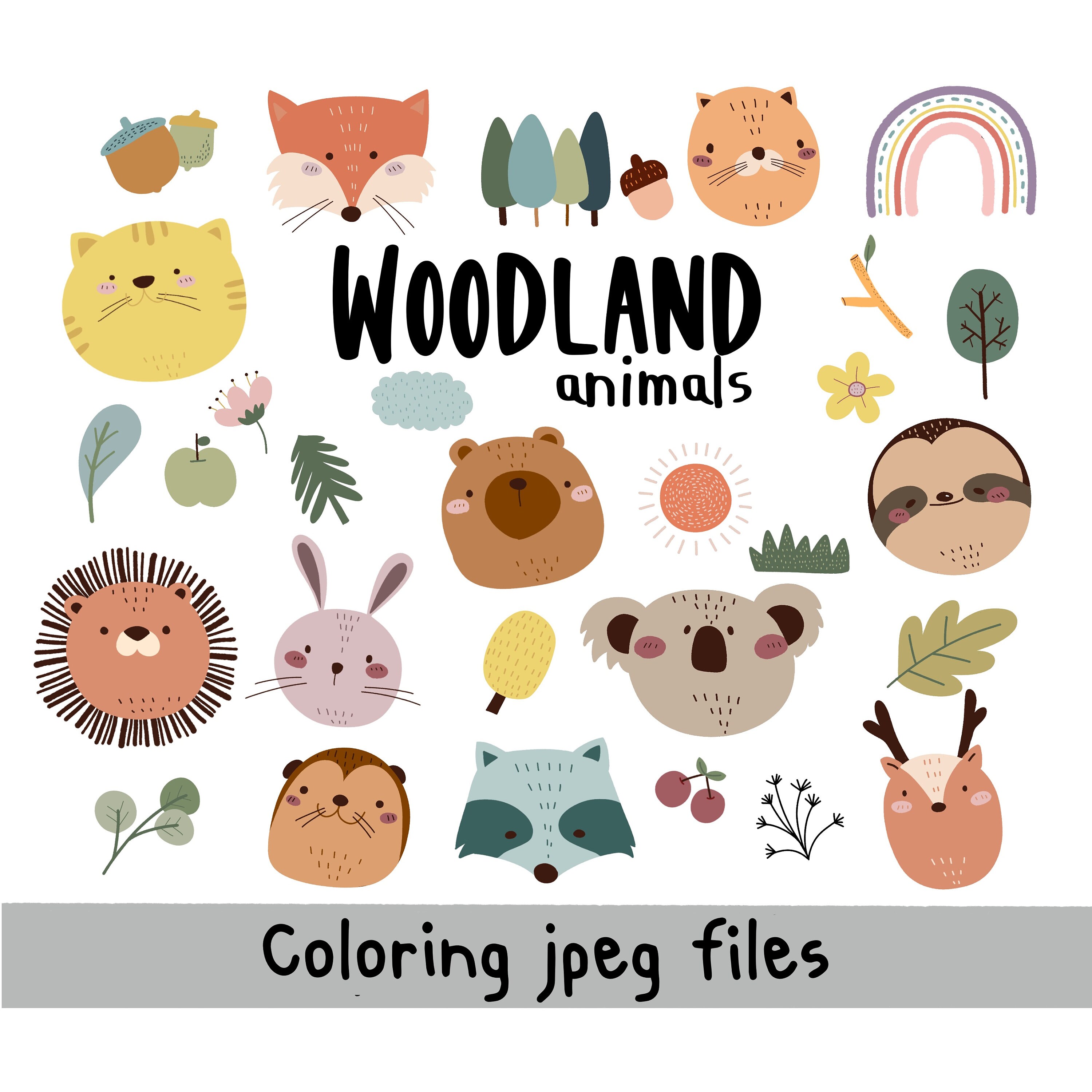 Colorful Woodland Animal Face Clipart, Forest Animal, Wild Cute Animal ...