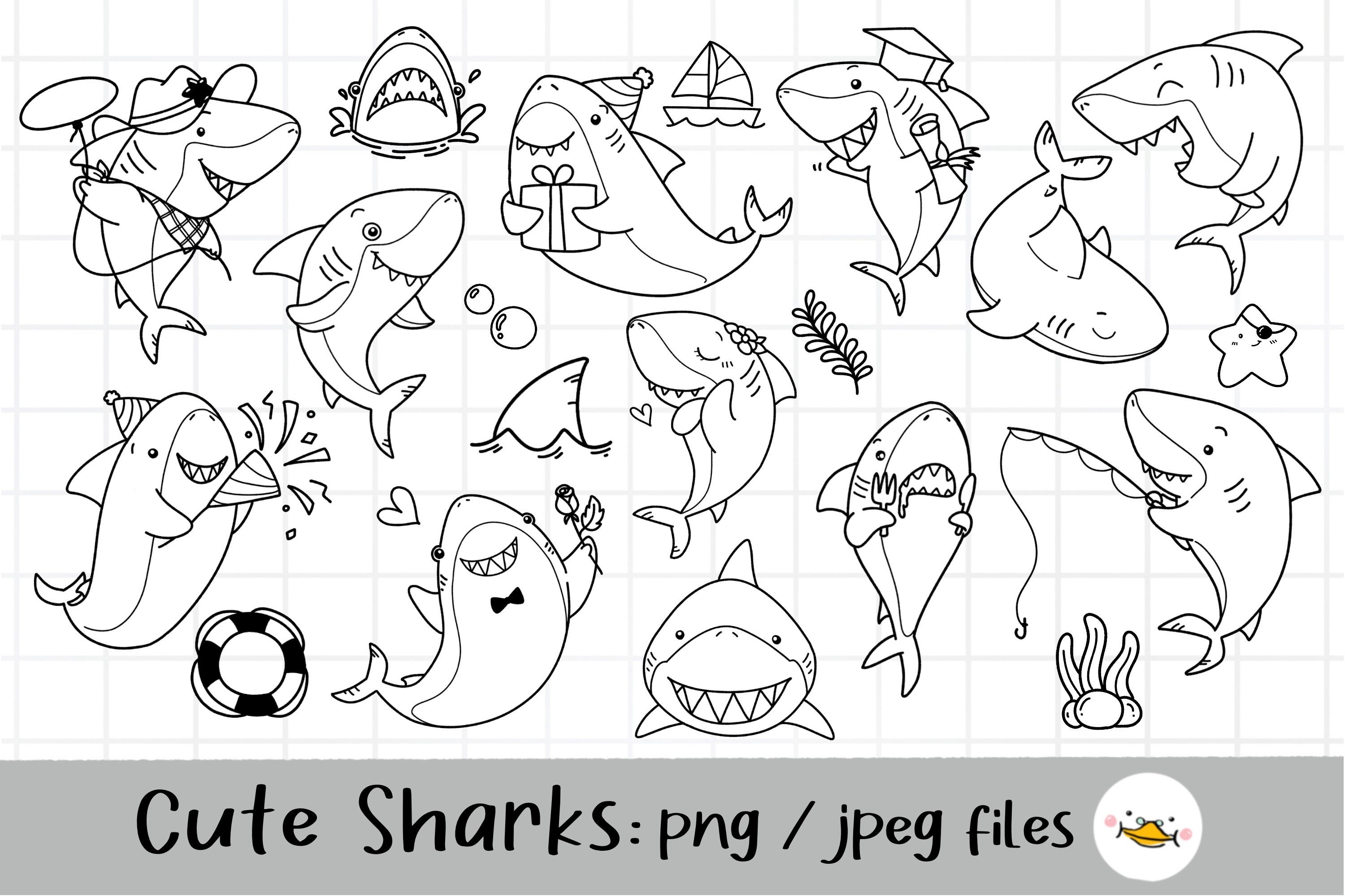 Cute Shark Clipart, Jaw Clipart, Doodle Shark, Sea Animal Life, Outline ...