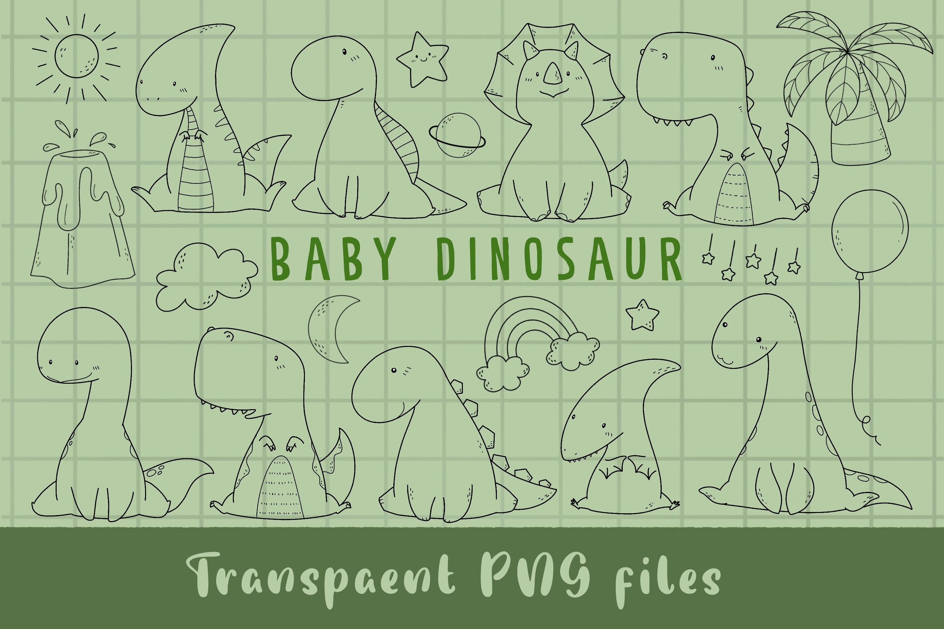 Baby Dinosaur Clipart, Dinosaur Nursery Art, Outline Doodle, PNG ...