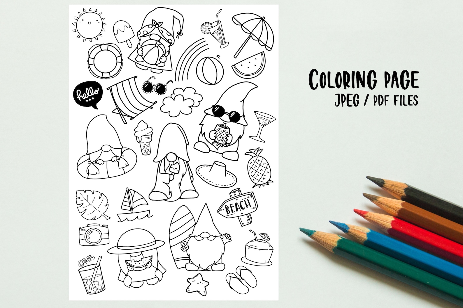 Gnome Summer Clipart, Summer Beach, Beach Holiday, Outline Doodle, PNG ...