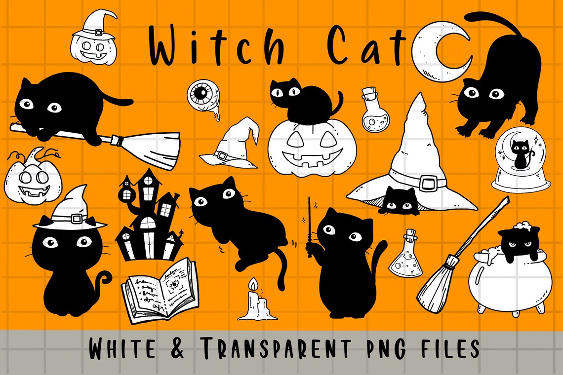 Witch Cat Clipart, Halloween Clipart, Pumpkin Png, Horror Kitty ...