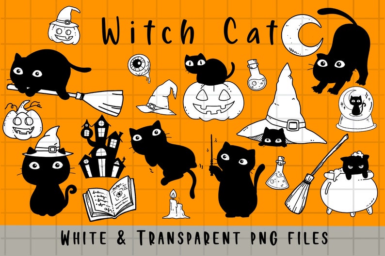 Witch Cat Clipart, Halloween Clipart, Pumpkin Png, Horror Kitty ...