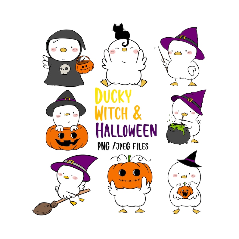 Cute Witch Duck Hand Draw Clipart, Duckling, Halloween Duck Clipart ...