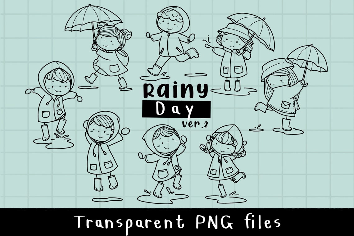 Cute Kids on Rainy Day Clipart, Kid in Raincoat PNG, Doodle Kid ...