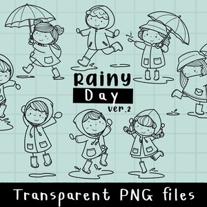 Cute Kids on Rainy Day Clipart, Kid in Raincoat PNG, Doodle Kid ...