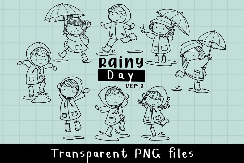 Cute Kids on Rainy Day Clipart, Kid in Raincoat PNG, Doodle Kid ...