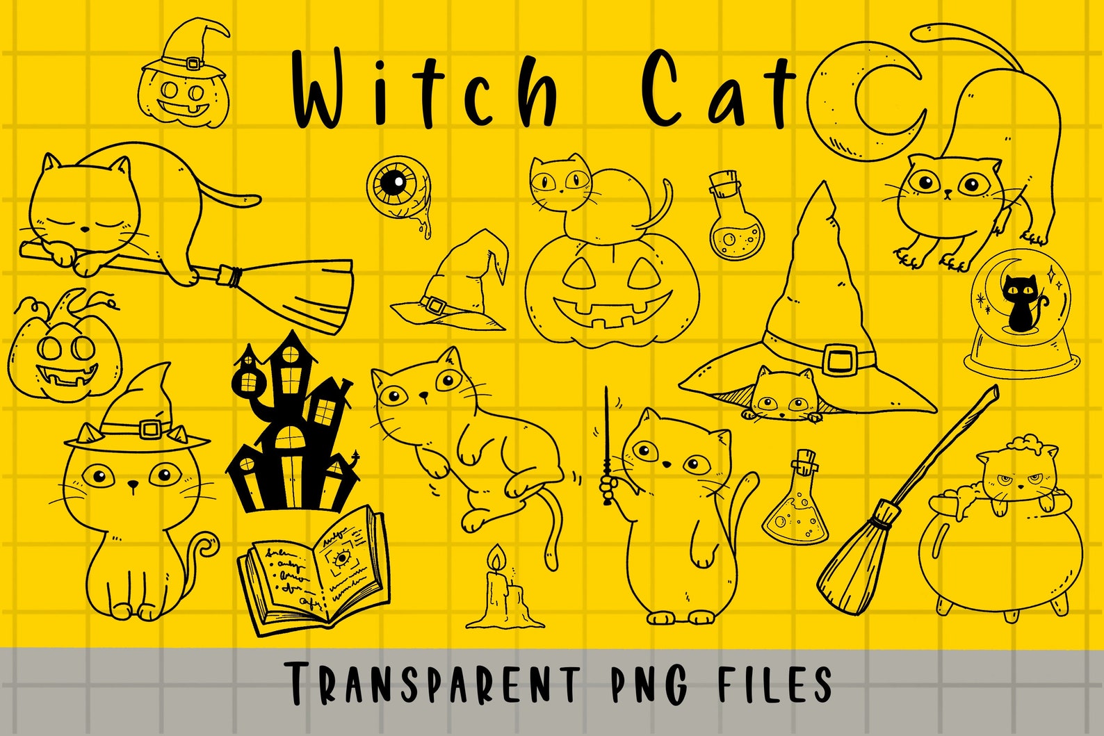 Witch Cat Clipart, Halloween Clipart, Pumpkin Png, Horror Kitty ...