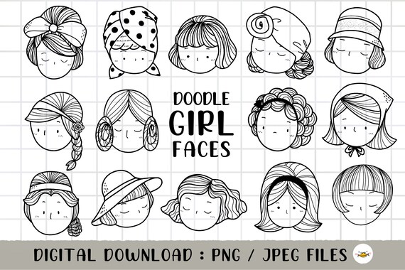 Cute Lady Face Vintage Girl Girl Face Outline Doodle Black - Etsy
