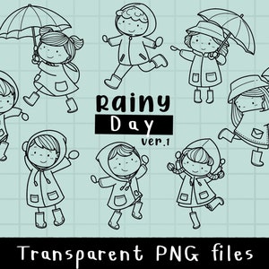 Cute Kids on Rainy Day Clipart, Kid in Raincoat PNG, Doodle Kid ...