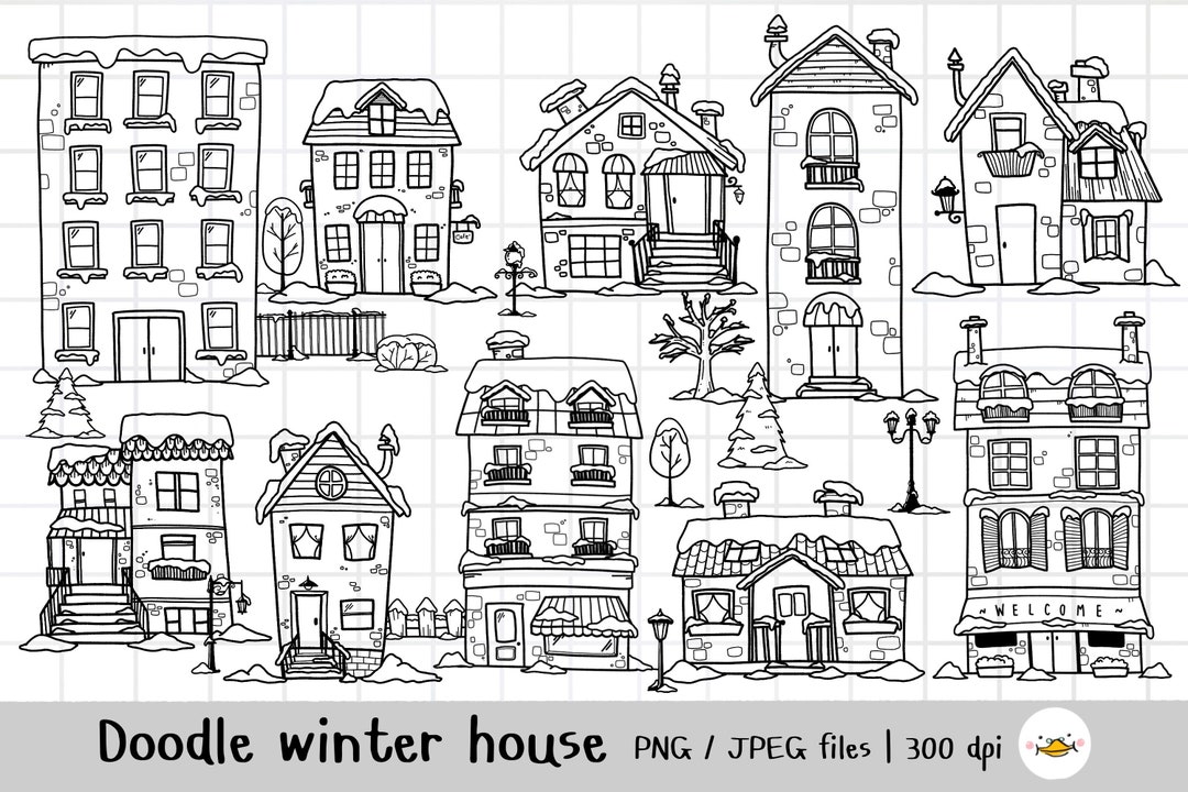 Cute Winter Doodle House Clipart, Snowy Village, Hand Drawn House ...