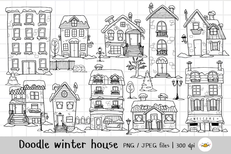 Cute Winter Doodle House Clipart, Snowy Village, Hand Drawn House ...