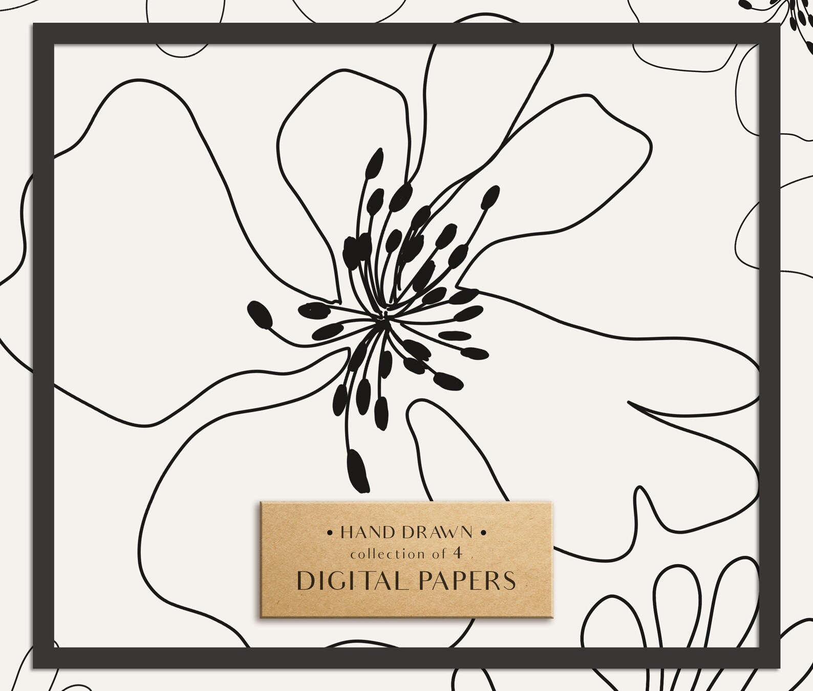 Hand Drawn Flower Paper, Seamless Pattern, Digital Papers, Line Drawing ...