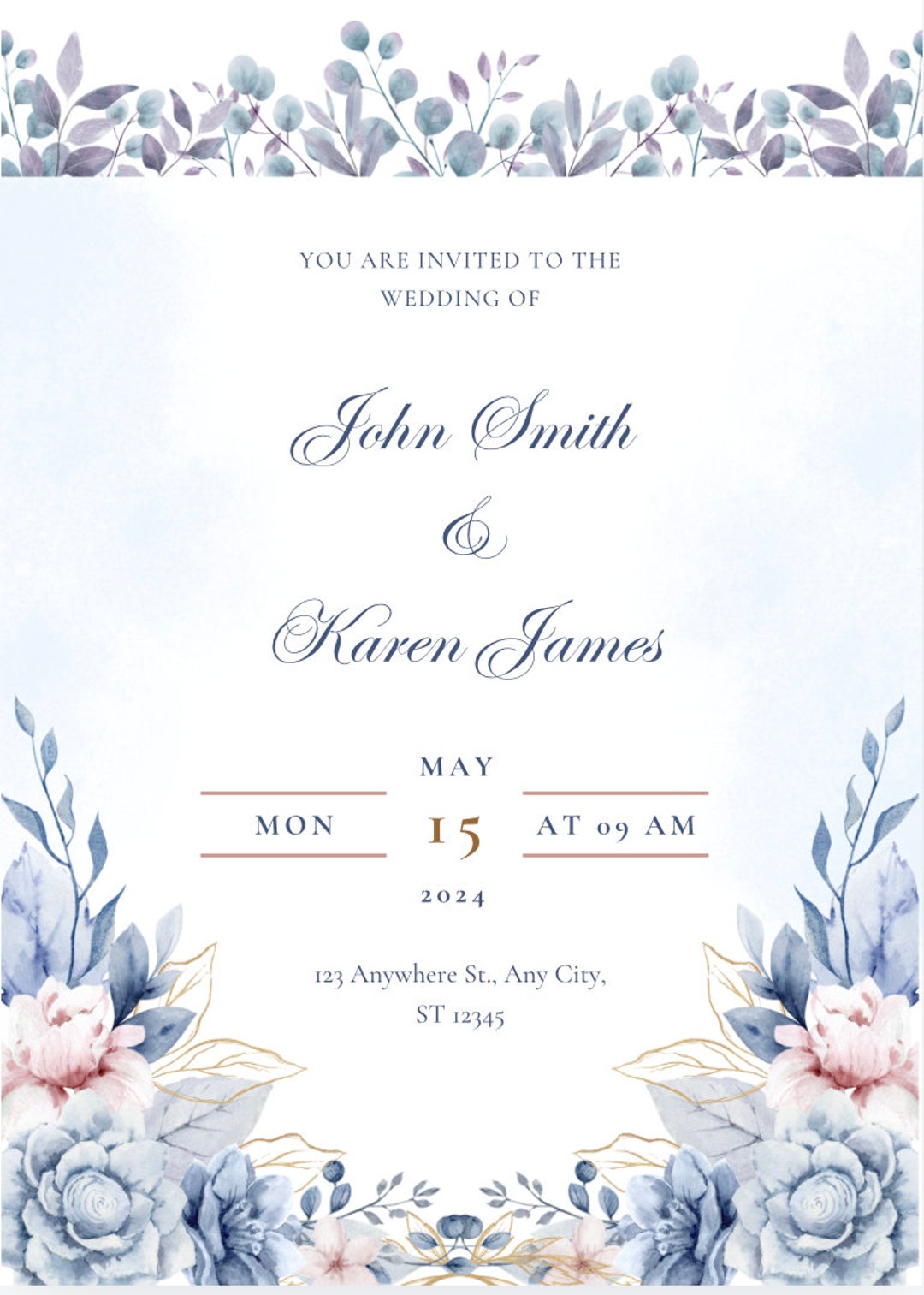 Blue Floral Wedding Invitation - Etsy