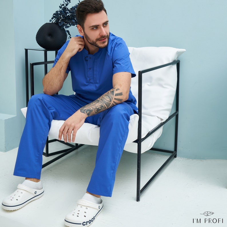 Blue Men's Scrub Uniform Set of Doctor Pants and T-shirt, Scrubs Work ...