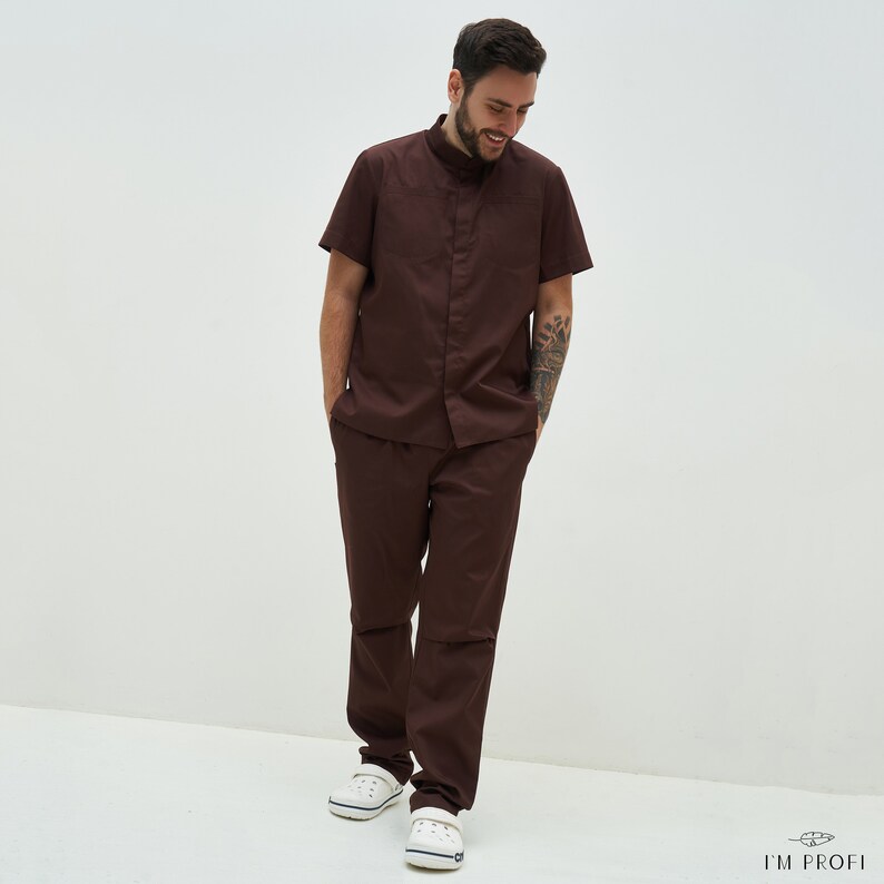 Brown Men's Scrub Uniform Set of Doctor Pants and T-shirt, Scrubs Work ...