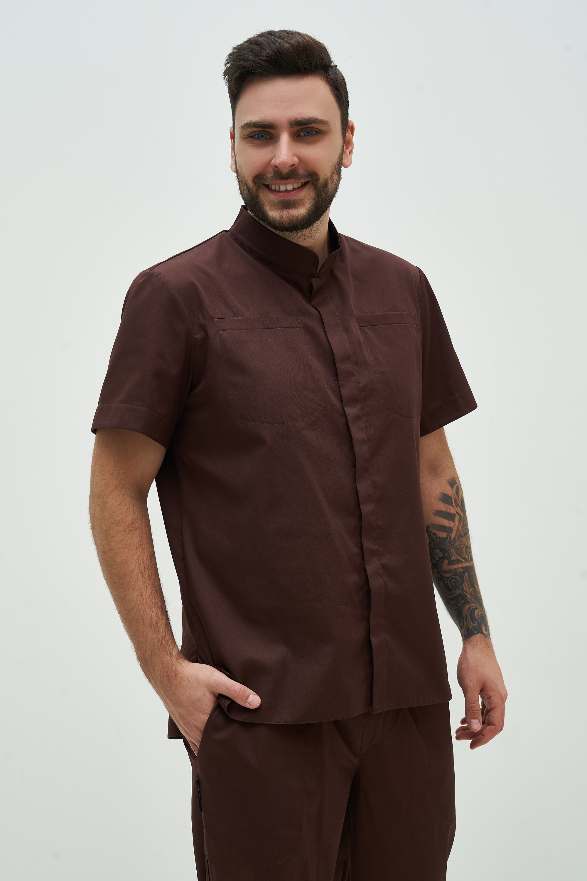 Brown Men's Scrub Uniform Set of Doctor Pants and T-shirt, Scrubs Work ...