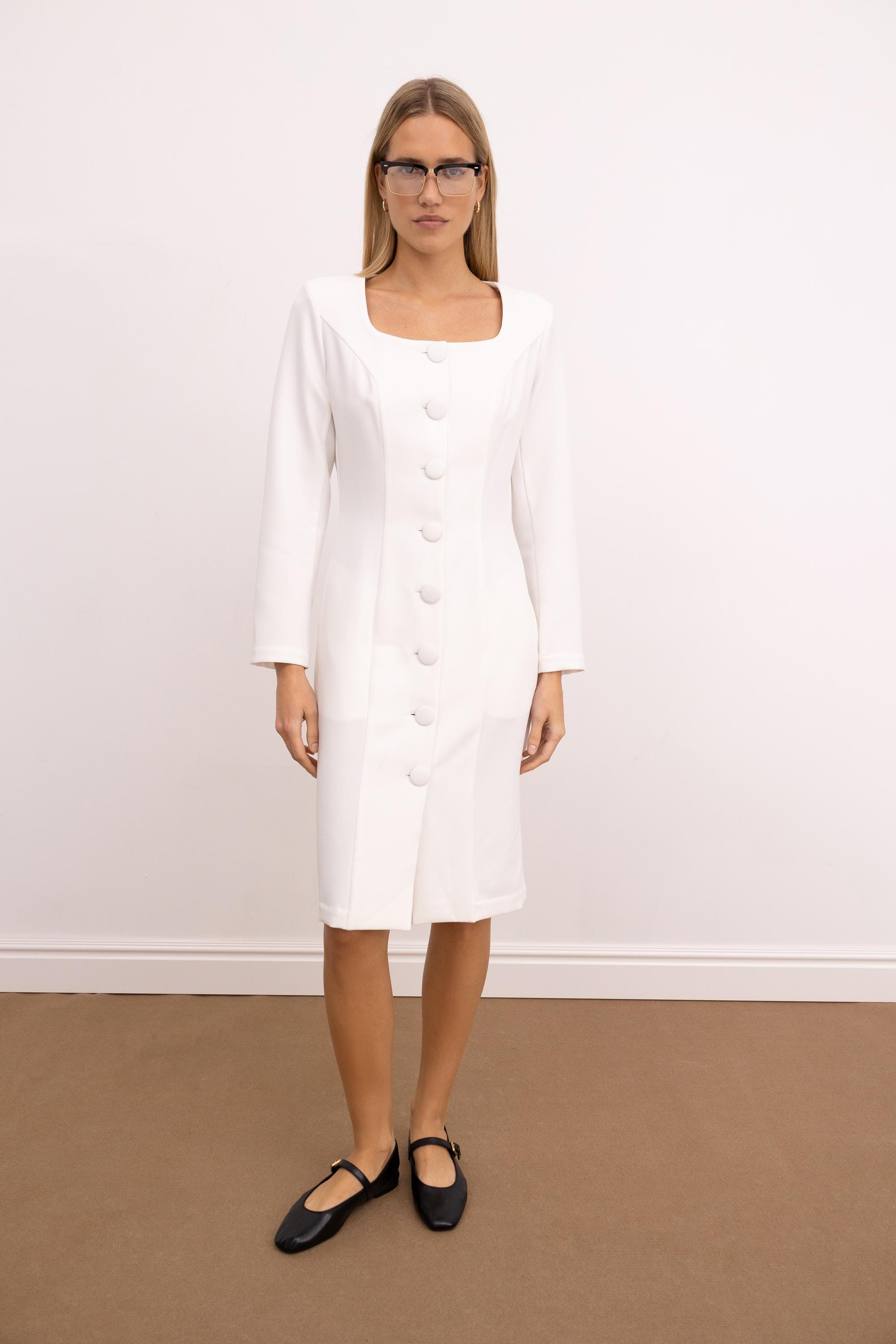 White Elegant Medical Lab Coat Dress for Women, Long Sleeve Nurse Dress ...