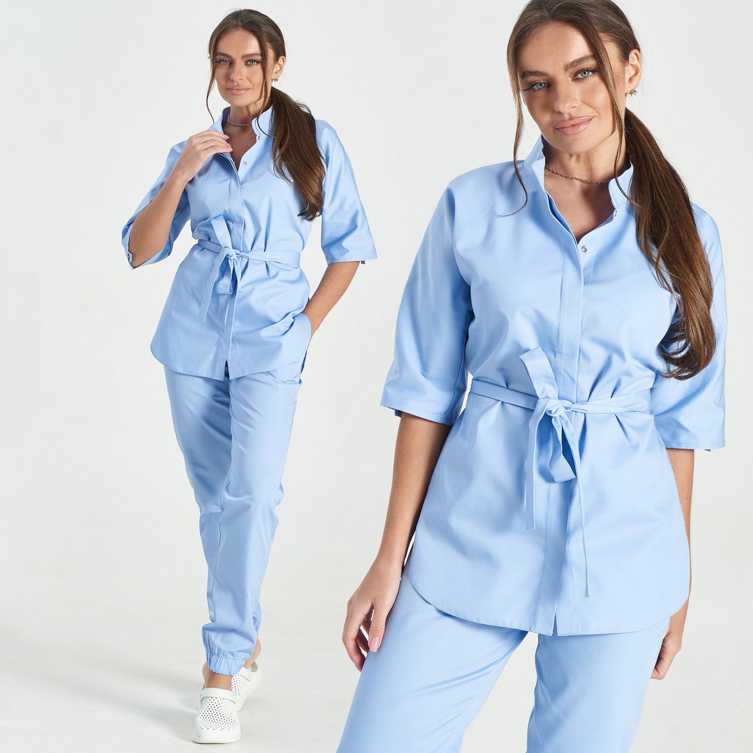 Blue Nurse Uniform Scrub Set Lab Coat Women Beautician Uniform Shirt ...