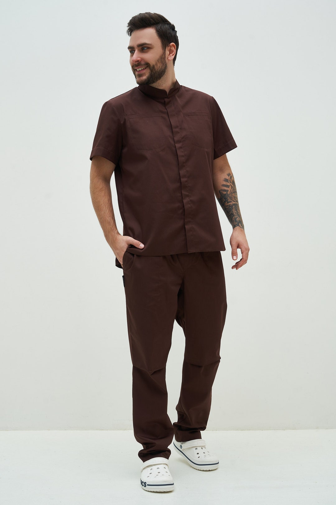 Brown Men's Scrub Uniform Set of Doctor Pants and T-shirt, Scrubs Work ...