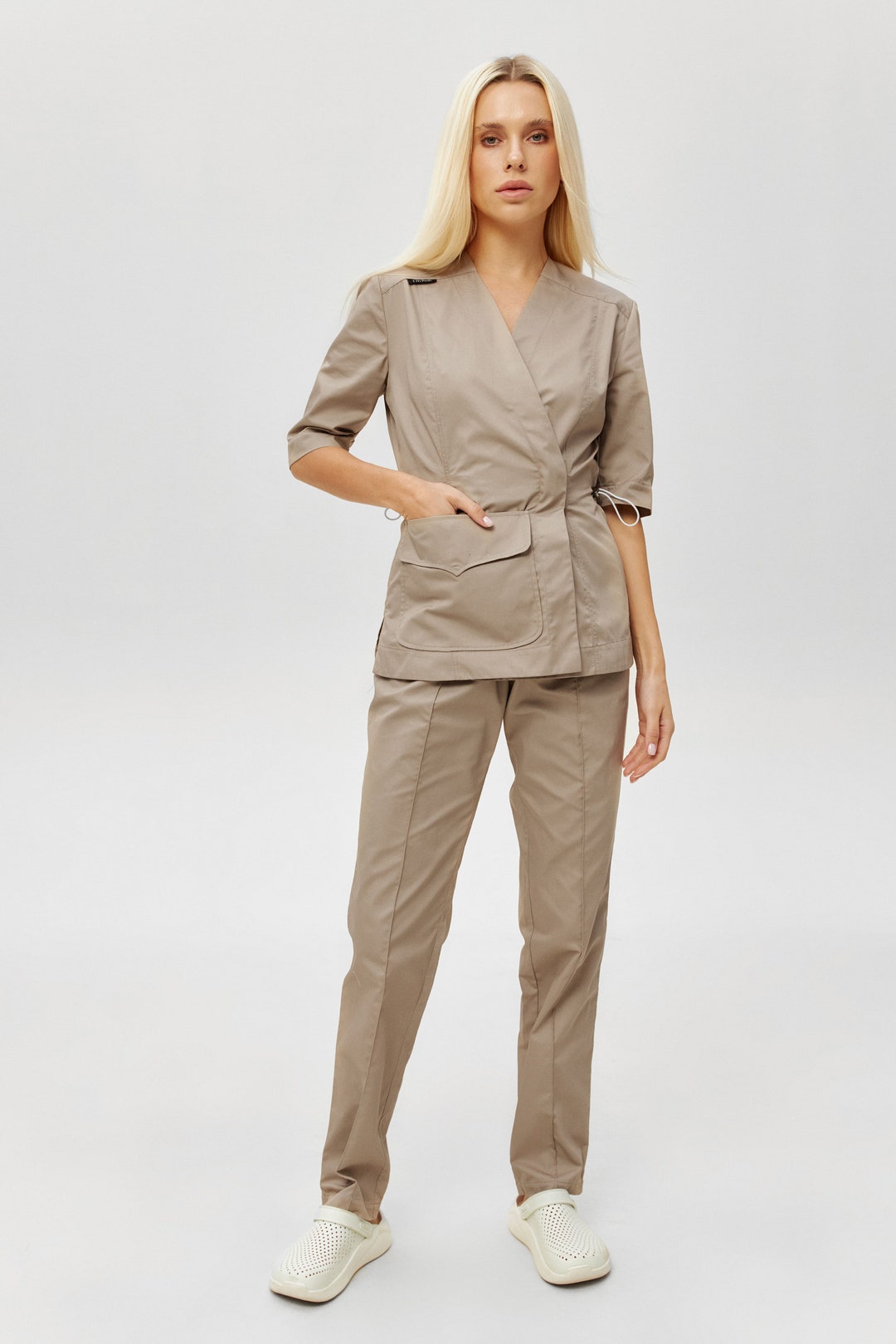 Beige Scrub Set for Assistant Nursing Uniforms for Healthcare Worker ...