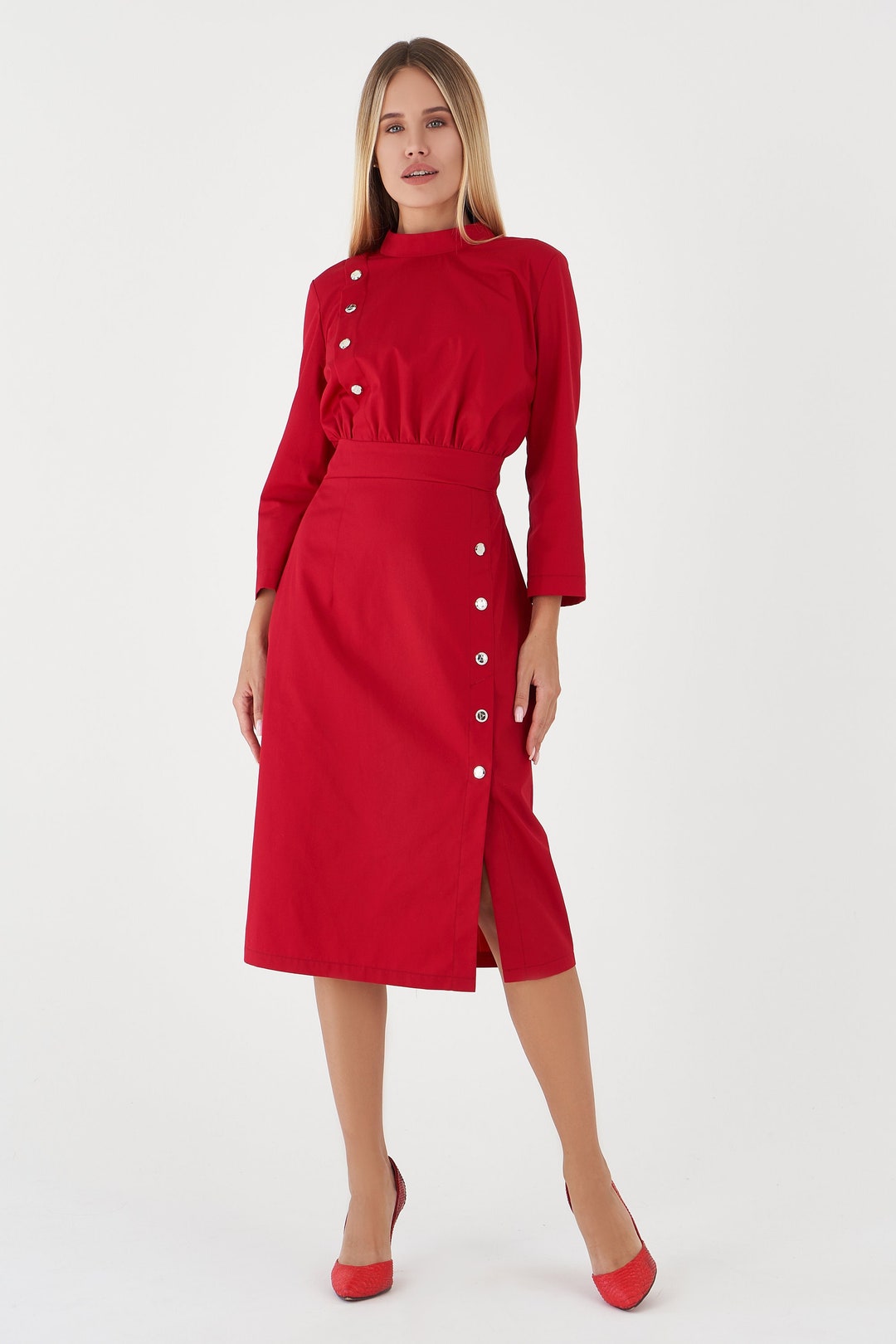 Red Lab Coat Uniform for Nurses and Workers, Elegant Beautician Uniform ...