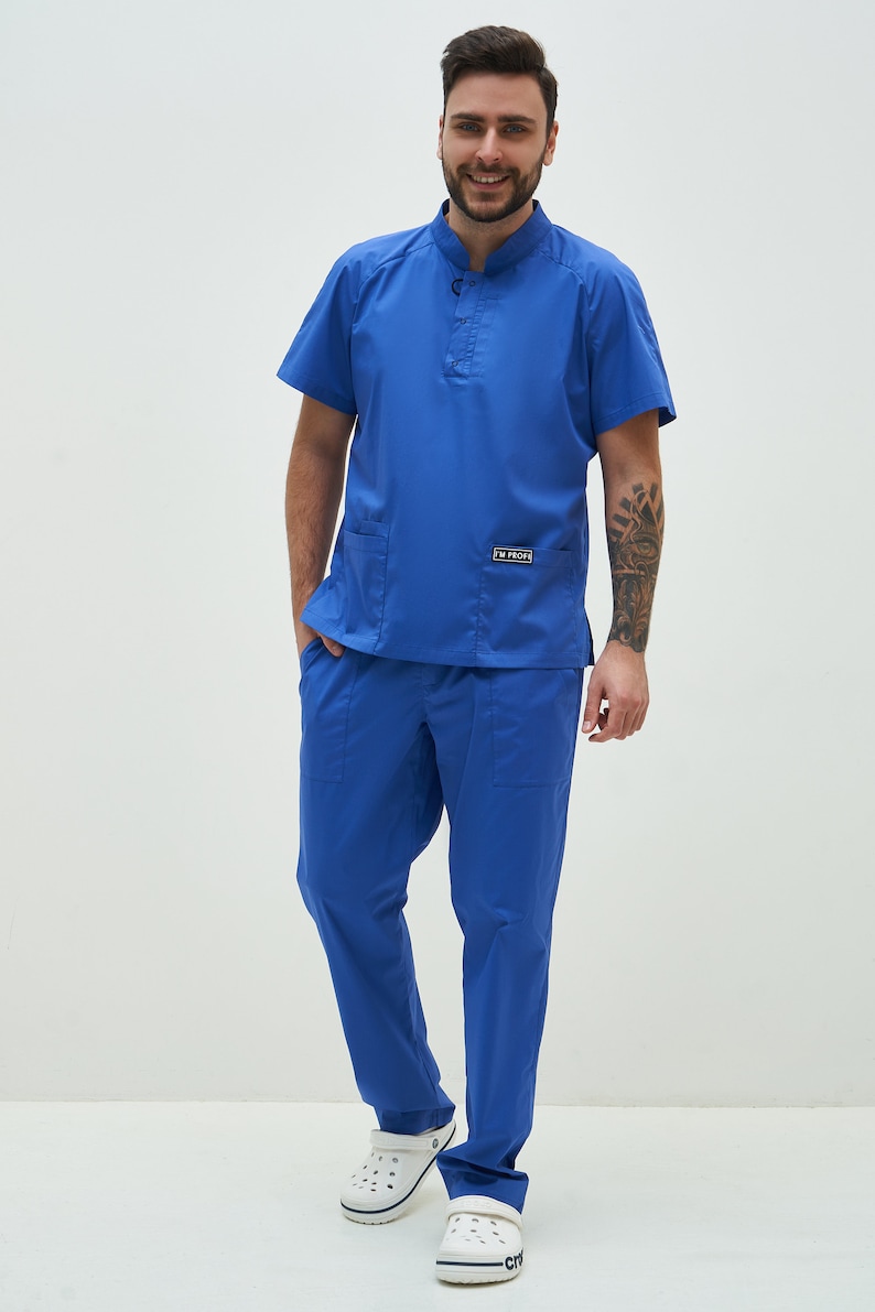 Blue Men's Scrub Uniform Set of Doctor Pants and T-shirt, Scrubs Work ...