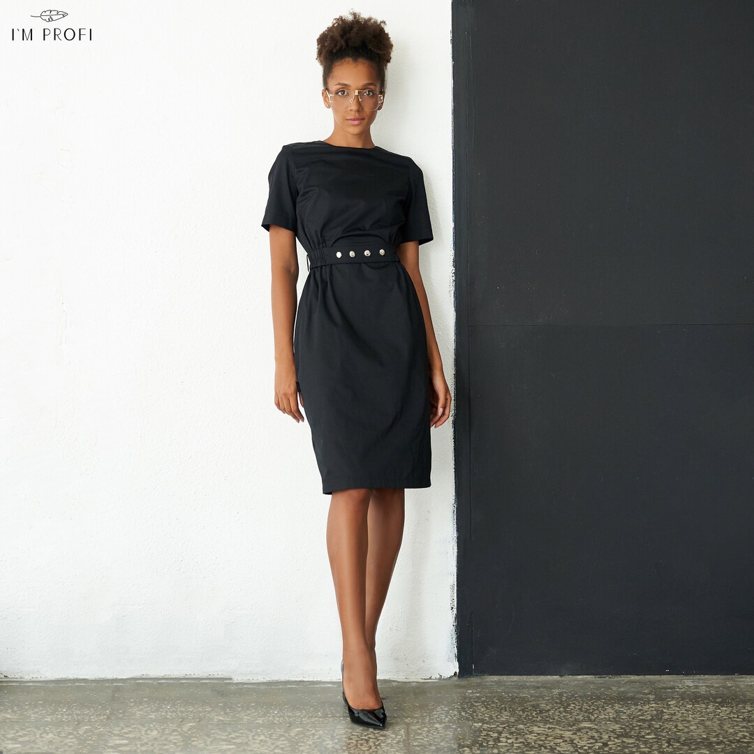 Black Dress Lab Coat Uniform for Nurses and Workers, Elegant Beautician ...