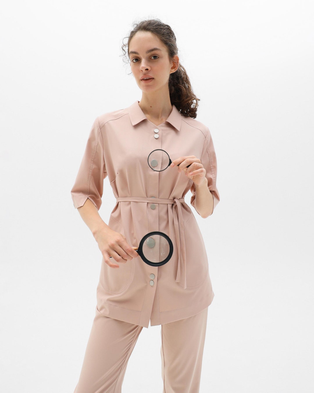 Pink Stylish Scrub Set of Lab Coat and Pants With a Removable Belt for ...
