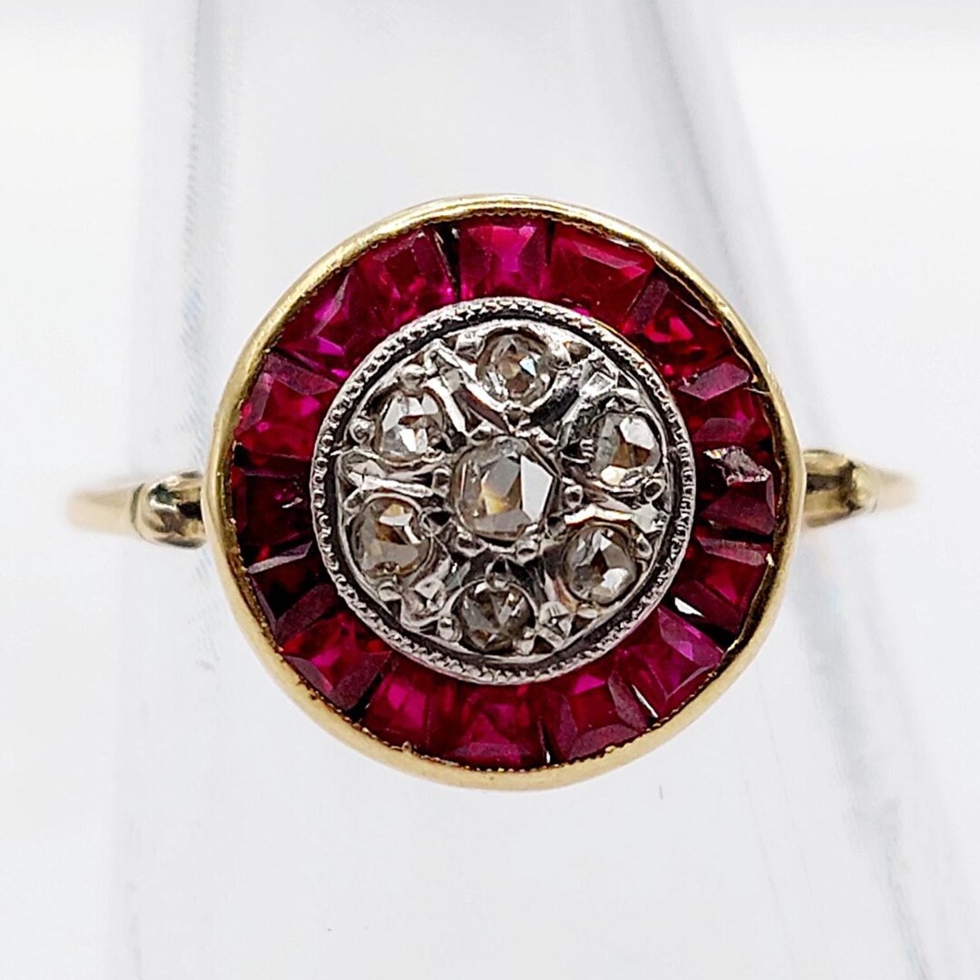 French Art Deco Target Ring 18k Gold Set With Rose Cut Diamond ...