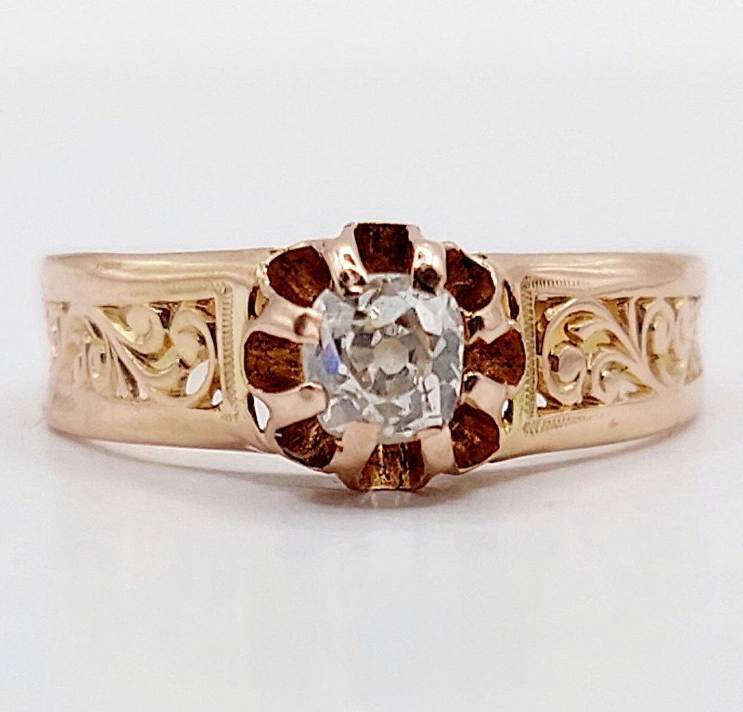 French Antique Ring 18k Rose Gold Set With a 0.25 Carat Old Mine Cut ...