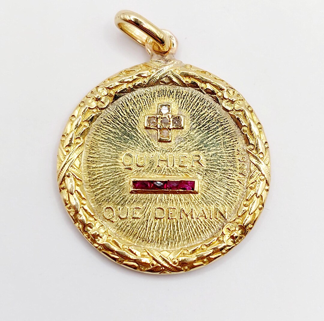 RARE French Augis 22mm Love Medal 18k Gold Set With Ruby and Diamonds ...