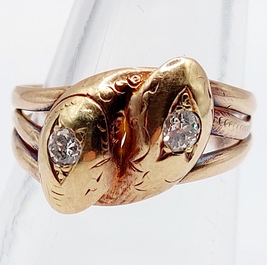 Antique Two Headed Snake Ring 18k Rose Gold Set With an Old Mine Cut ...