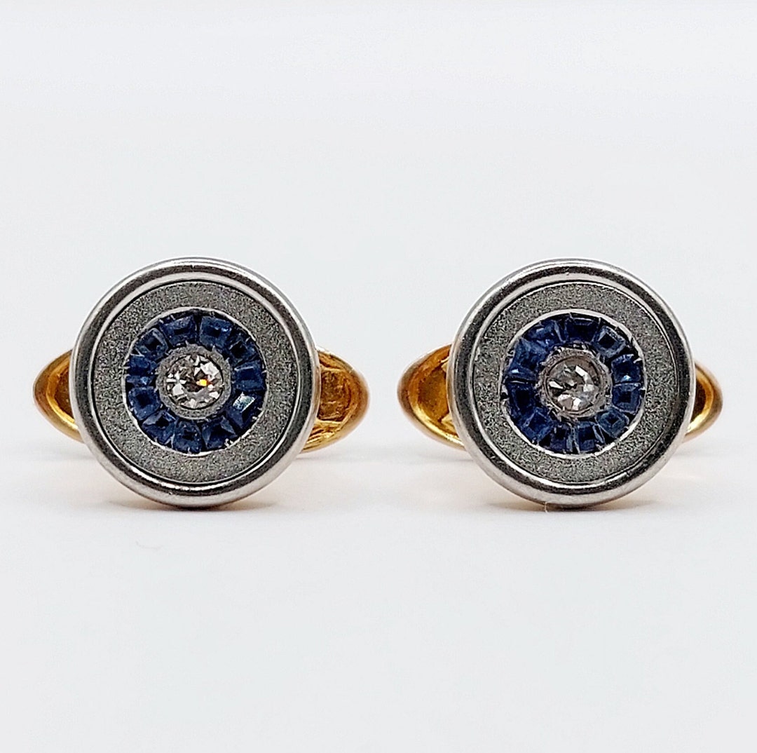 French Antique Collar Buttons 18k Gold Set With an Old Mine Cut Diamond Surrounded by Calibrated ...