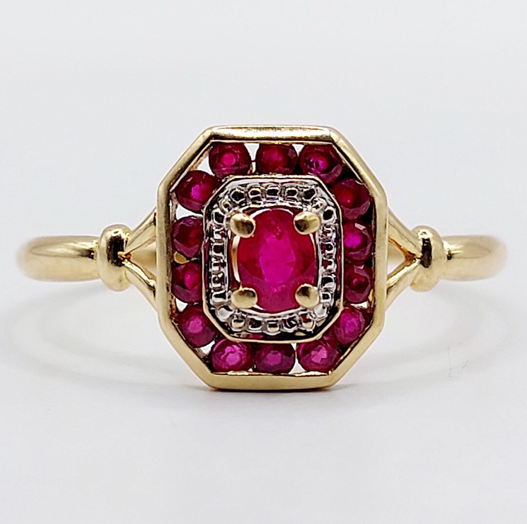 French Art Deco Style Ing 18k Gold Set With Synthetic Rubies in an Octagonal Setting (circa 1970 ...