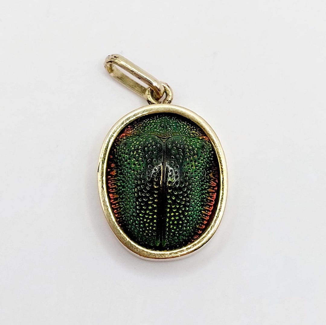 French Antique Pendant 18k Gold Set With a Scarab Beetle Shell in a ...