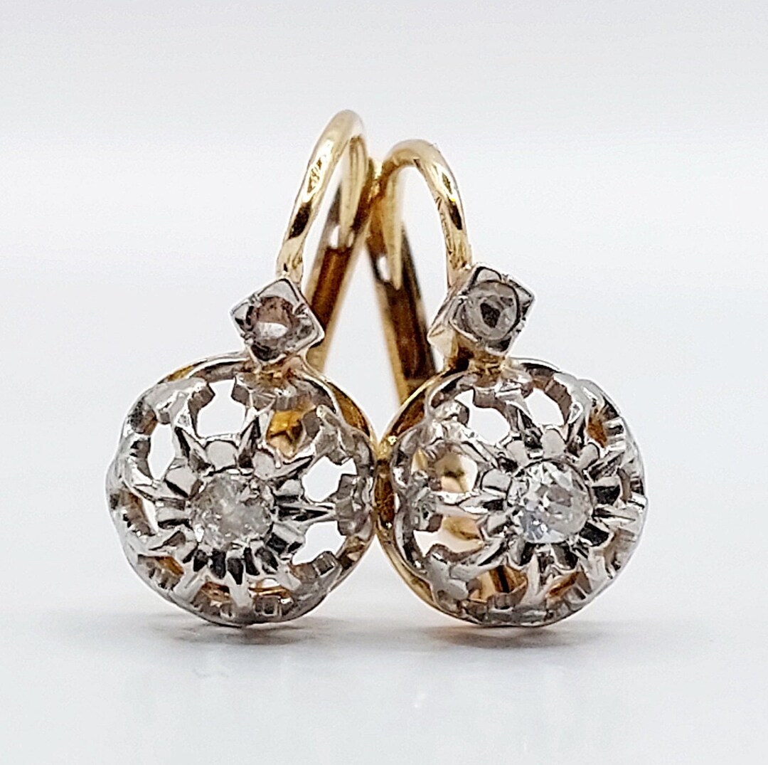 French Antique Sleepers 18k Gold Set With Old Cut Diamonds in Prong ...