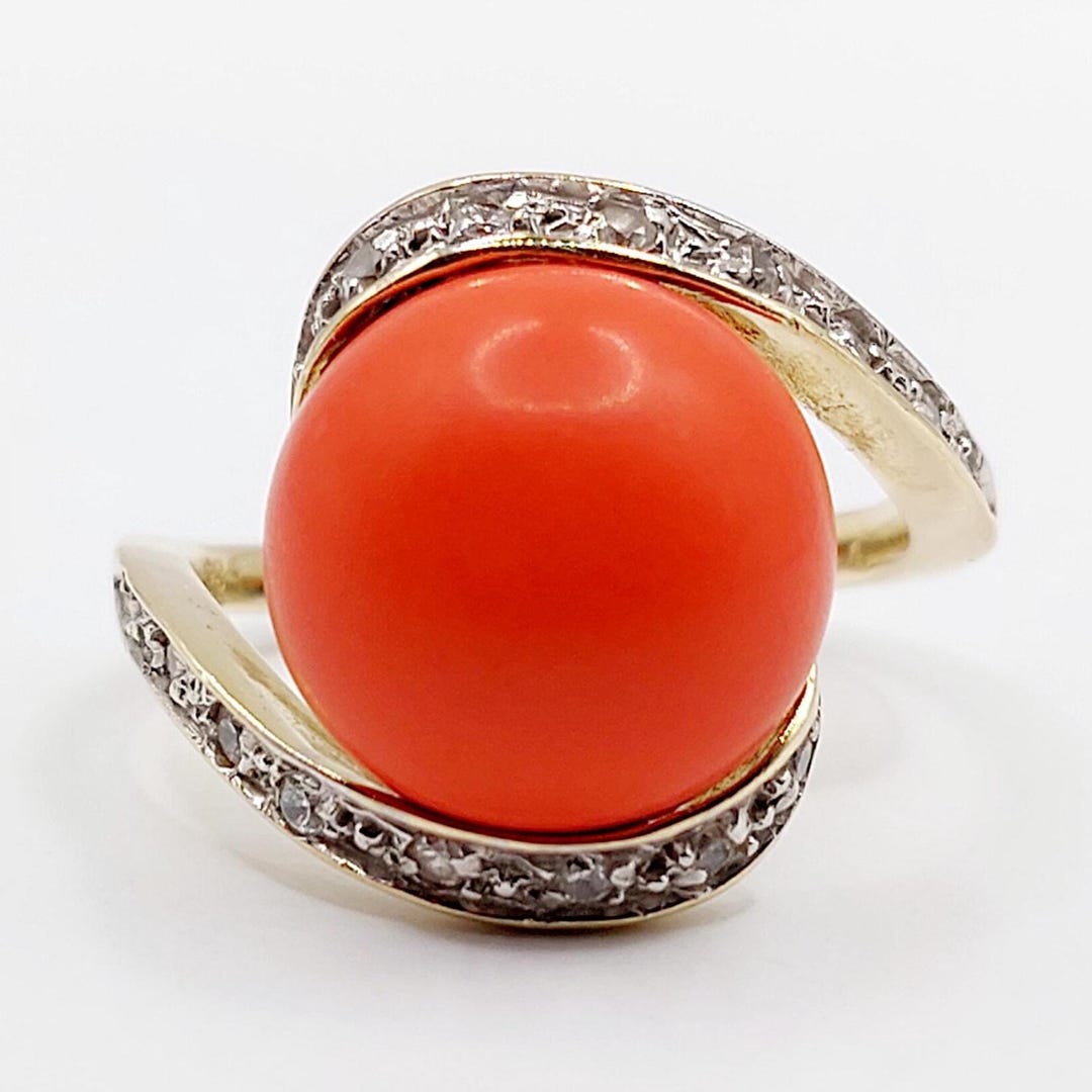 Vintage Tourbillon Ring 14k Gold Orange Cabochon Imitating Coral ...