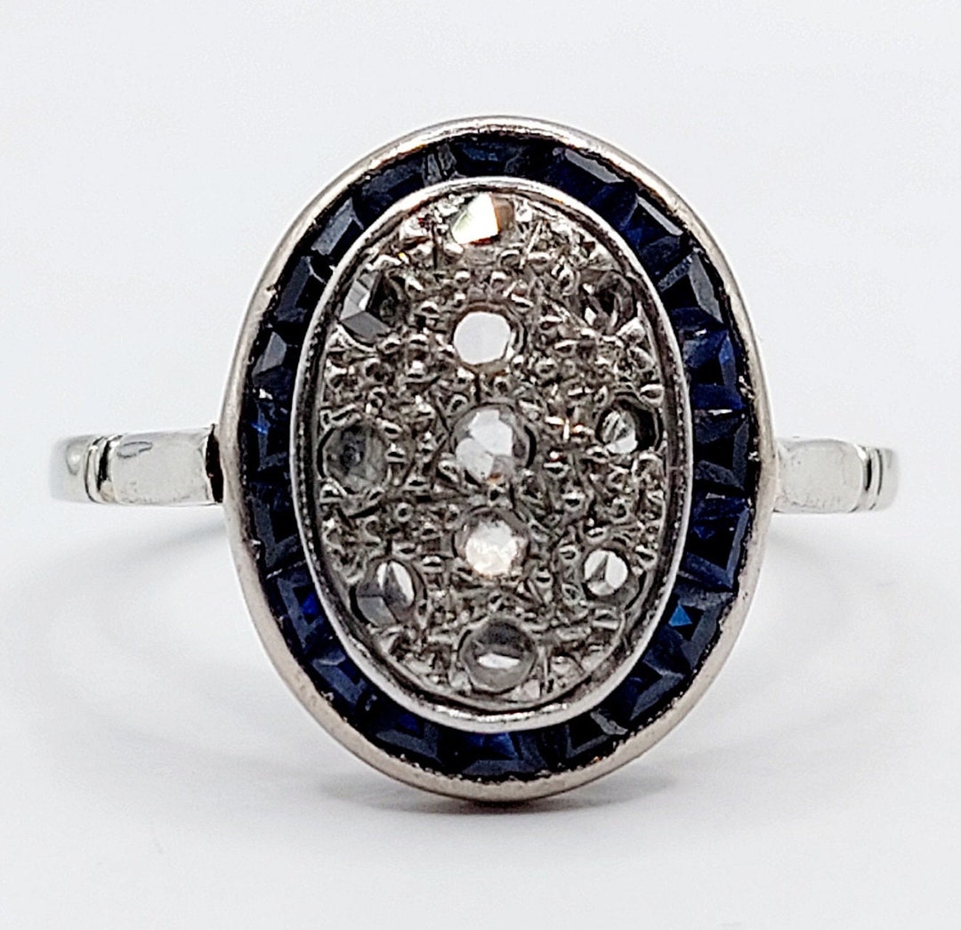 French Art Deco Target Ring 18k White Gold Set With Rose Cut Diamonds ...
